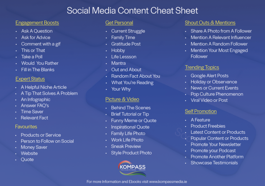 Social Media Content Cheat Sheet Subscription - Kompass Media Training Hub